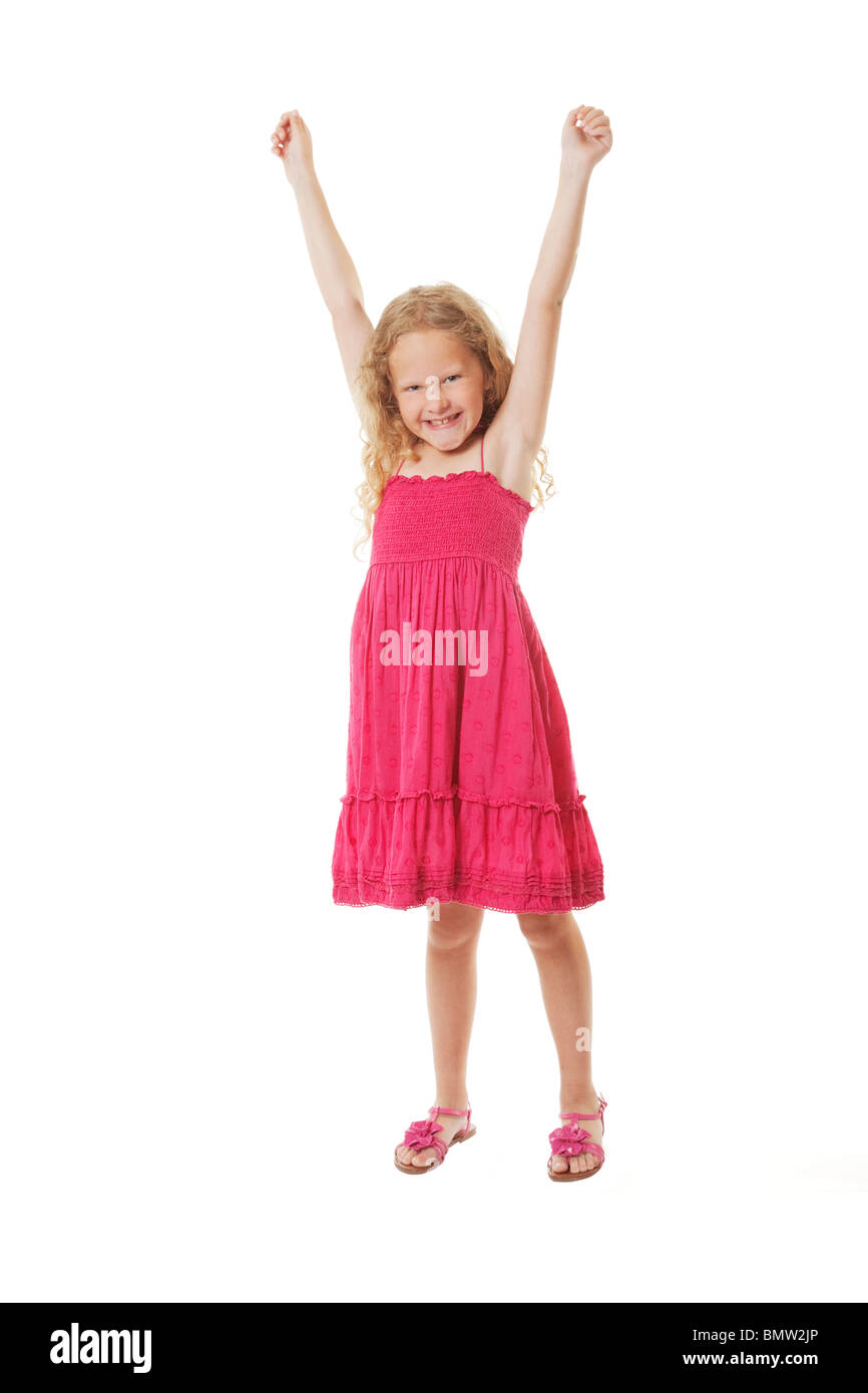 A beautiful excited Caucasian girl on a white background Stock Photo ...
