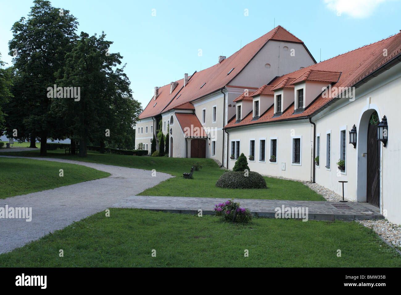 The buildings at the grounds of medieval castle Cerveny Kamen, Slovakia ...