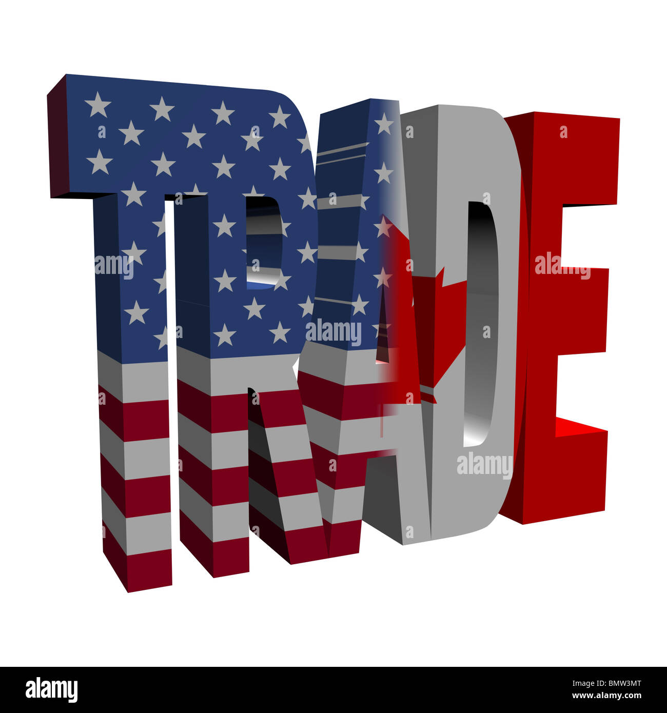 trade text with American and canadian flags on white illustration Stock ...