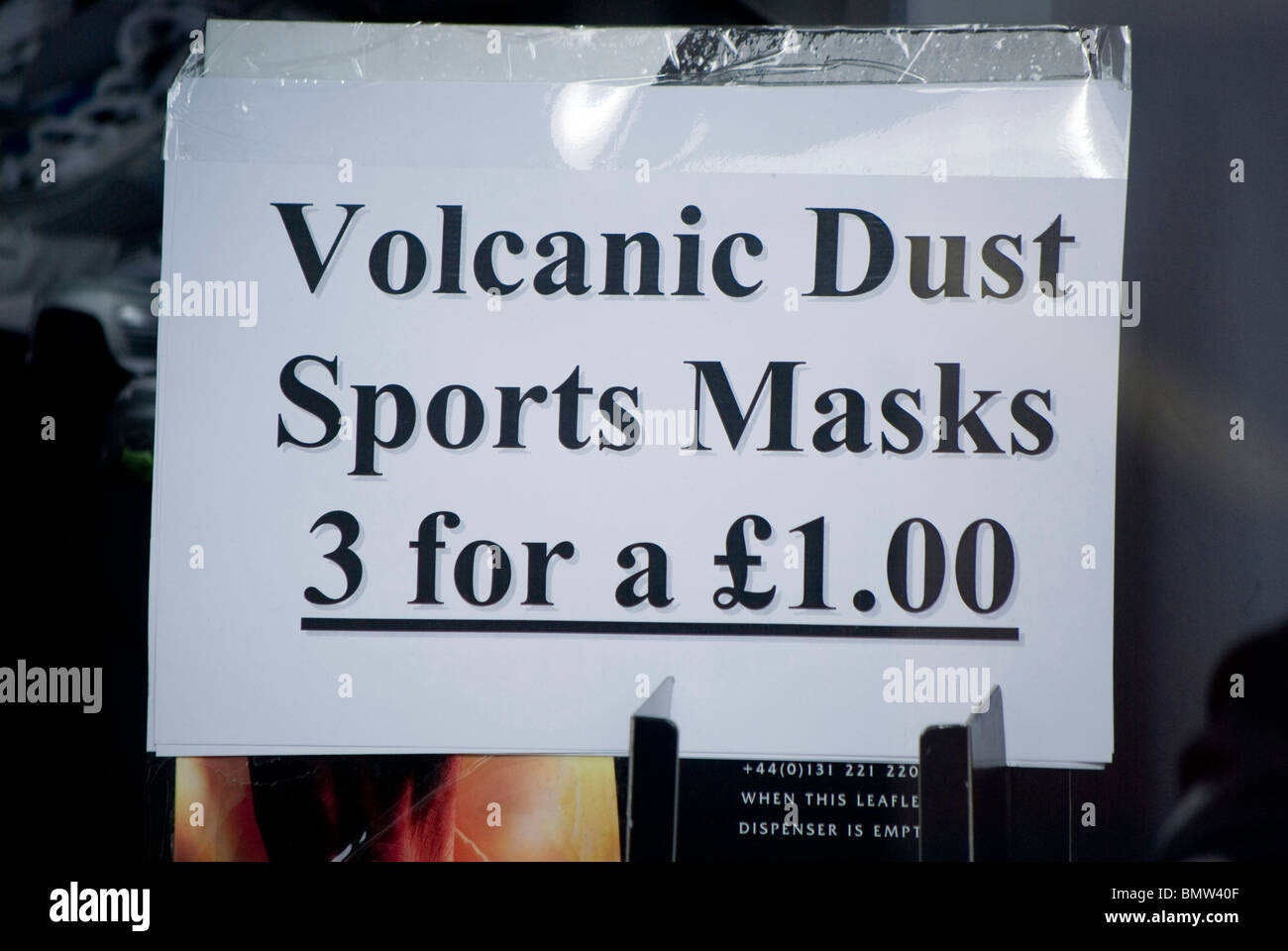 Shop sign advertising volcanic dust sports masks in the centre of ...