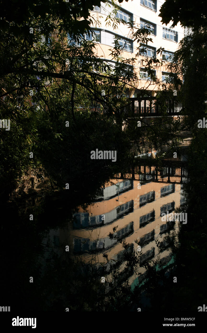 View of the Riverside Building, University Hospital Lewisham reflected ...
