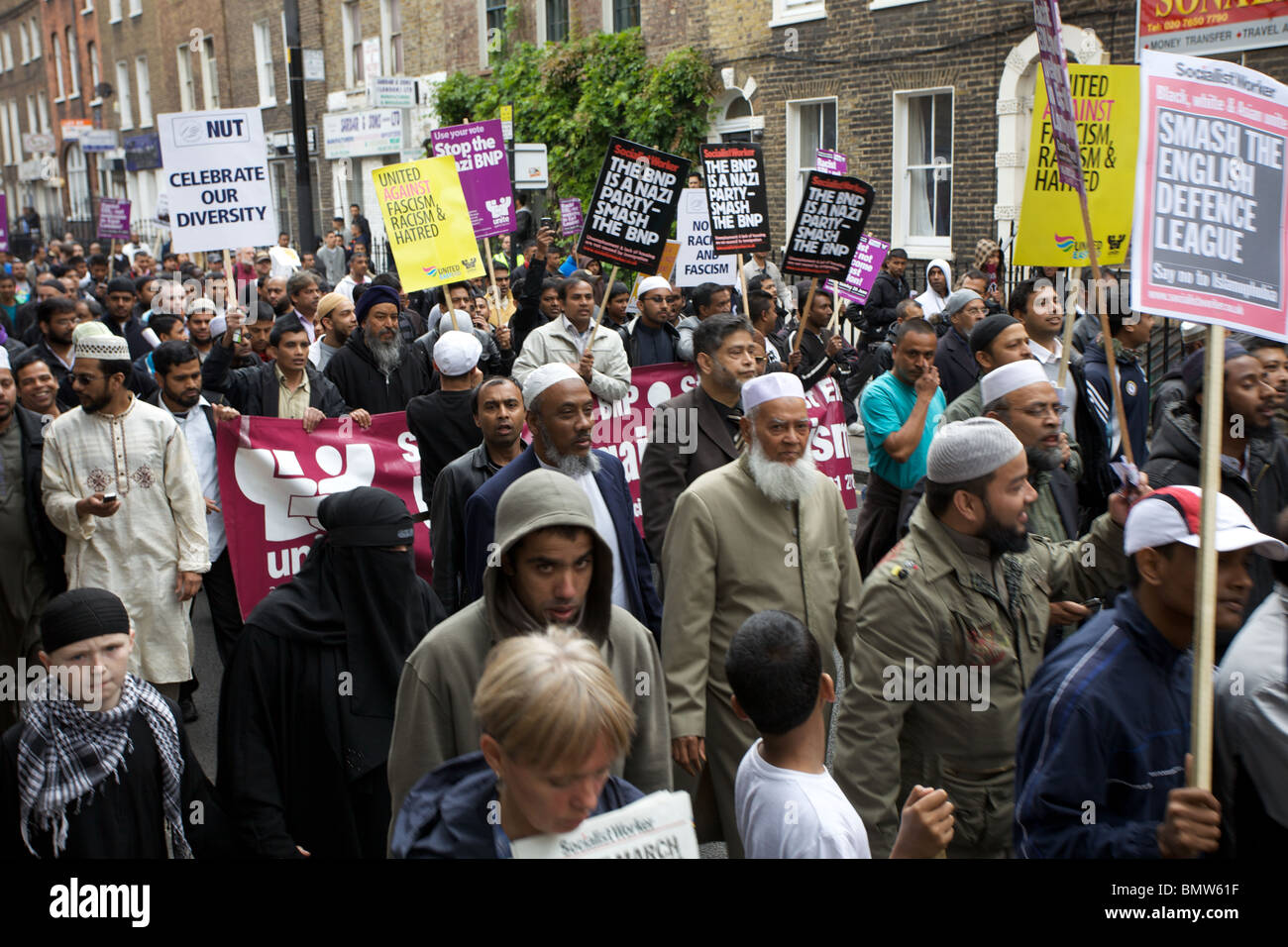 Anti fascist protest march through east London, England, UK Stock Photo ...