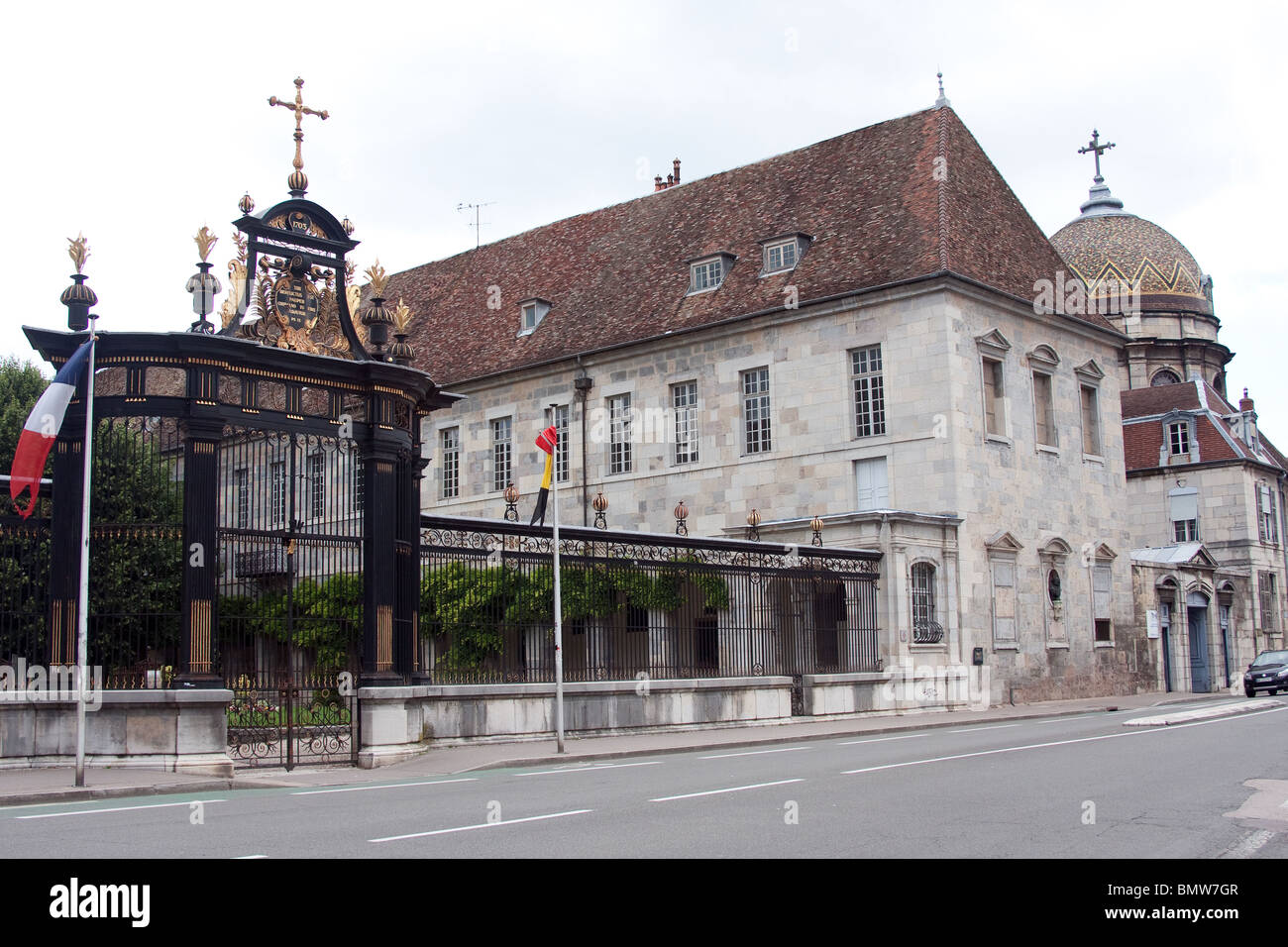 French hospital main building entrance dome cross Stock Photo - Alamy