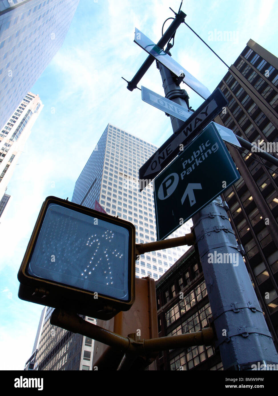 Looking up New York Skyscrapers from ground level with blue sky Stock ...