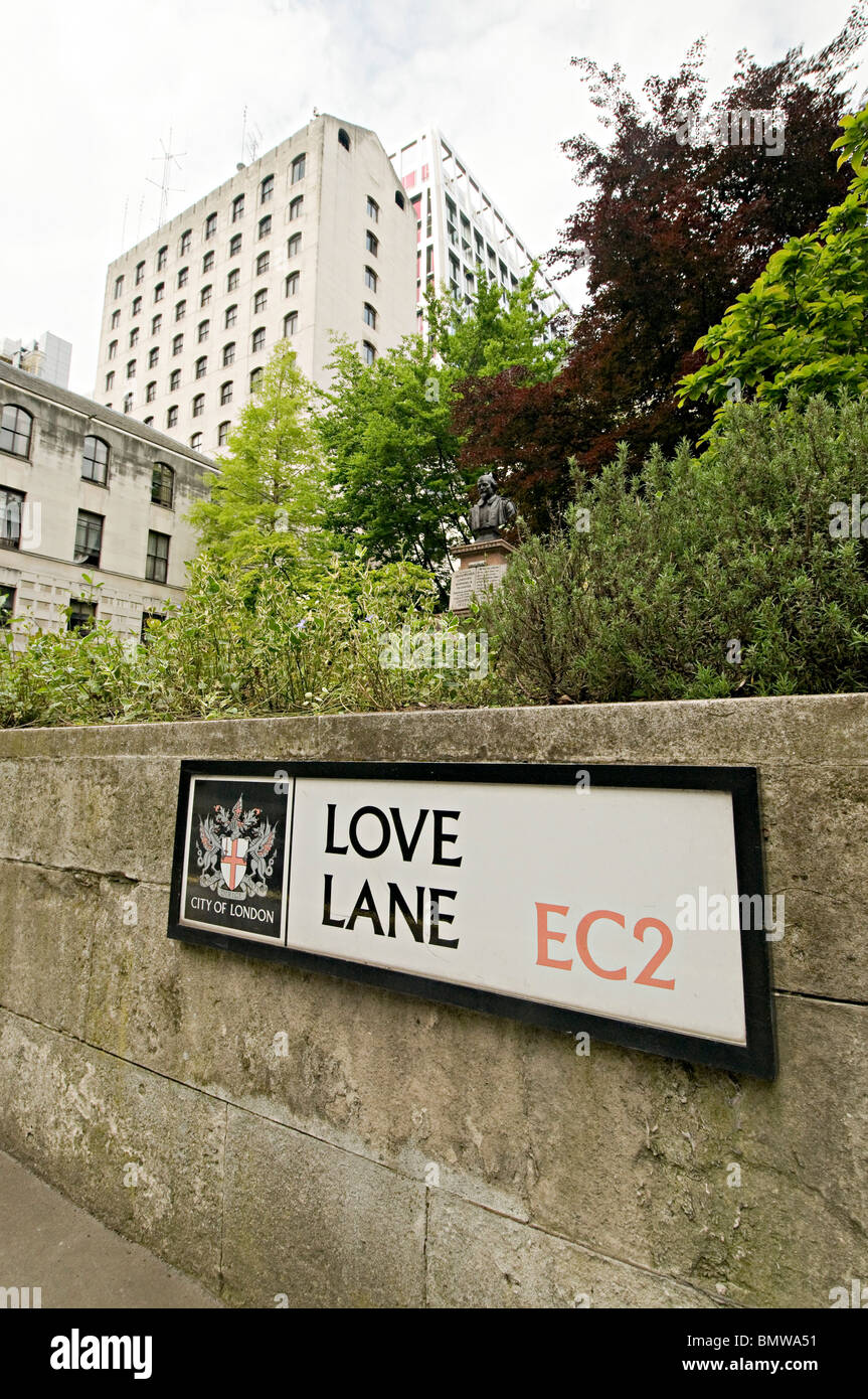 Love lane city of London road sign with garden in the background behind ...
