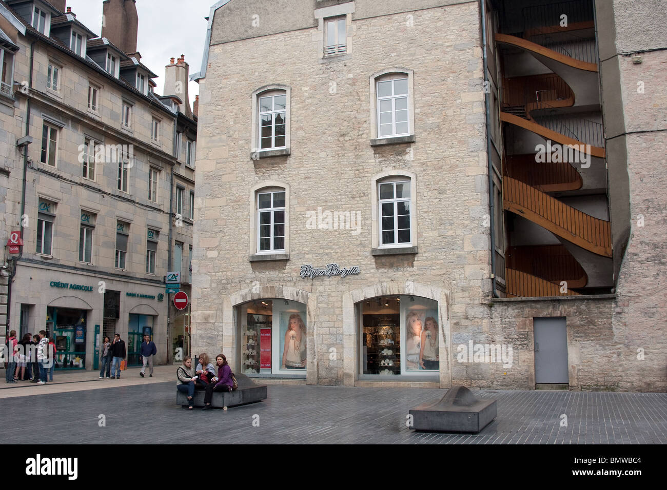 shopping precinct square shoppers wooden staircase Stock Photo - Alamy