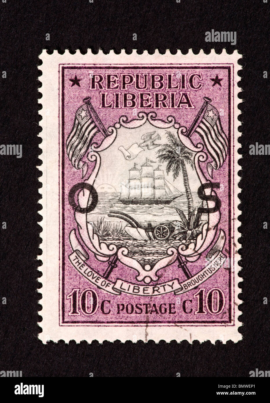 Postage stamp from Liberia depicting the arms of Liberia, overprinted ...