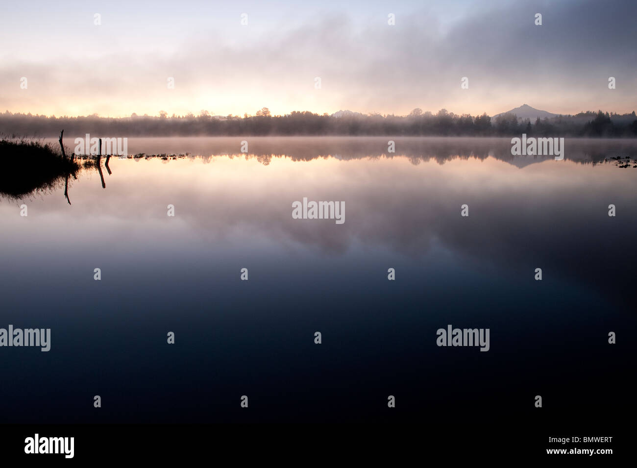 Sunrise Lake Cassidy with Mount Pilchuck reflected in Lake Stock Photo ...