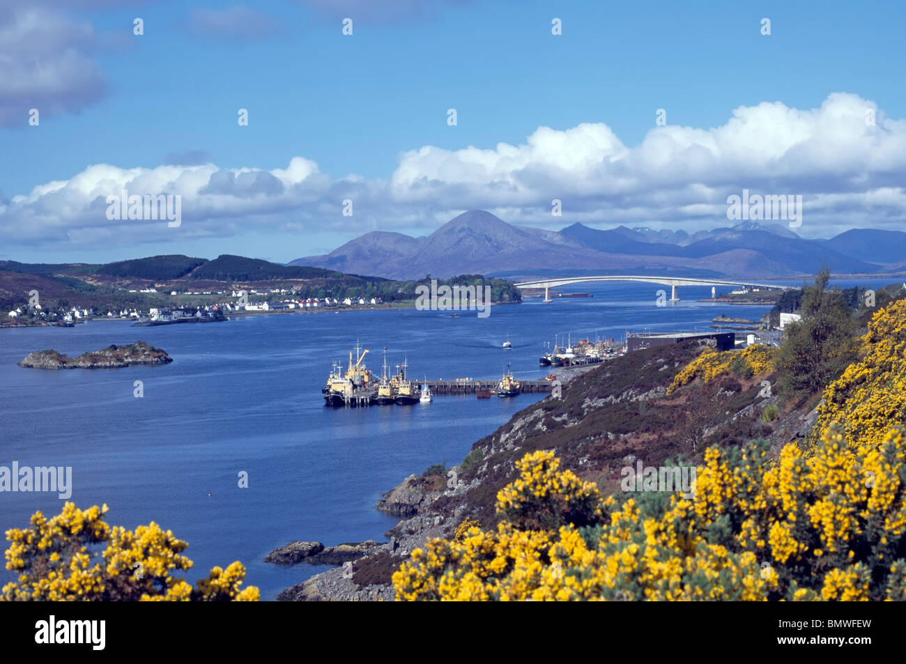 Landscape of Isle of Skye road toll bridge links Kyleakin (left ...