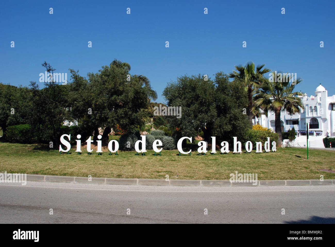 Entrance sign on traffic island, Sitio de Calahonda, Mijas Costa, Costa ...