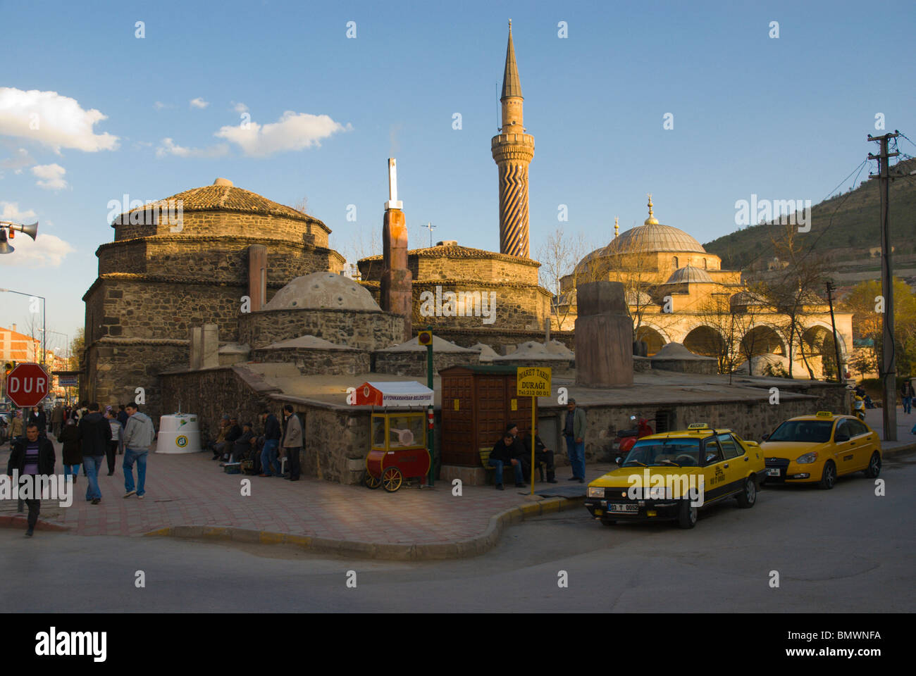 Imaret Hamami Turkish bath house and minaret of Imaret Camii mosque ...