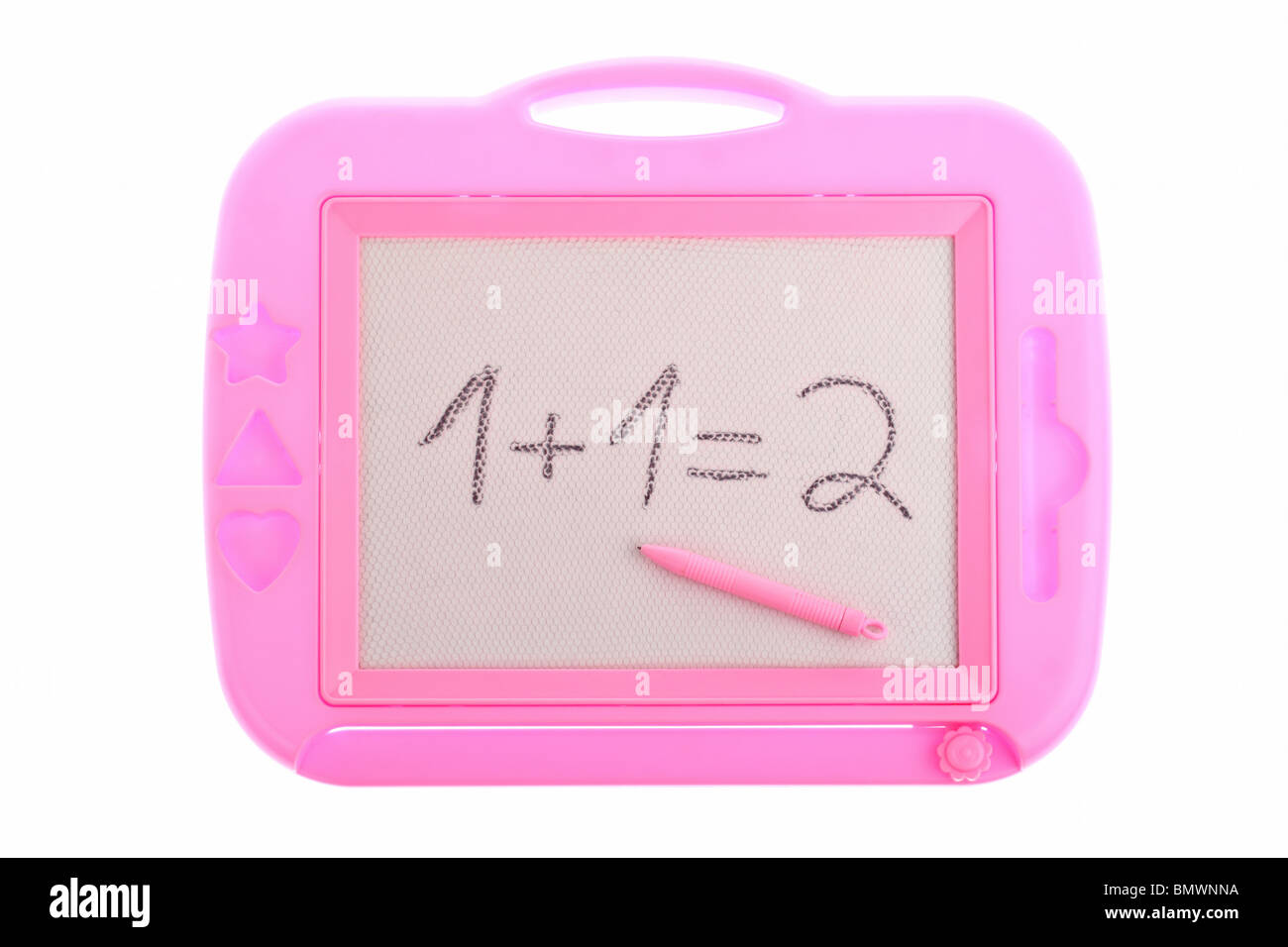 Pink magnetic drawing board with a 1 + 1 equation isolated on white ...