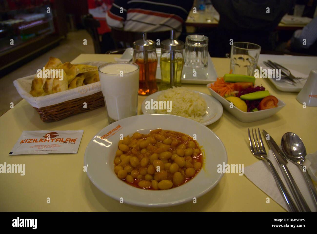 Turkish meal of beans rice salad and ayran restaurant Taksim square ...