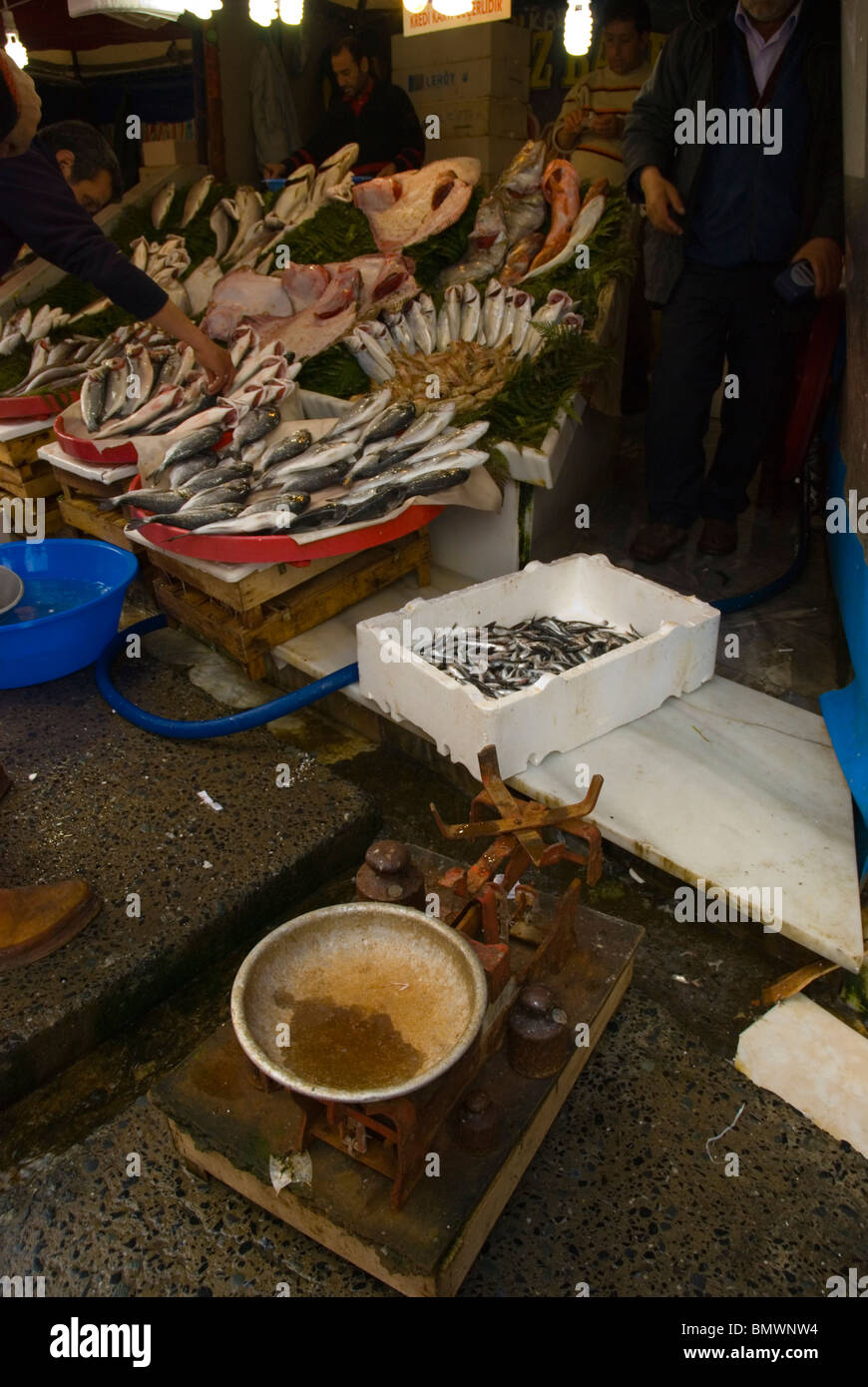 Fish stalls by the bridge in Karaköy (Galata) Beyoglu Istanbul Turkey ...