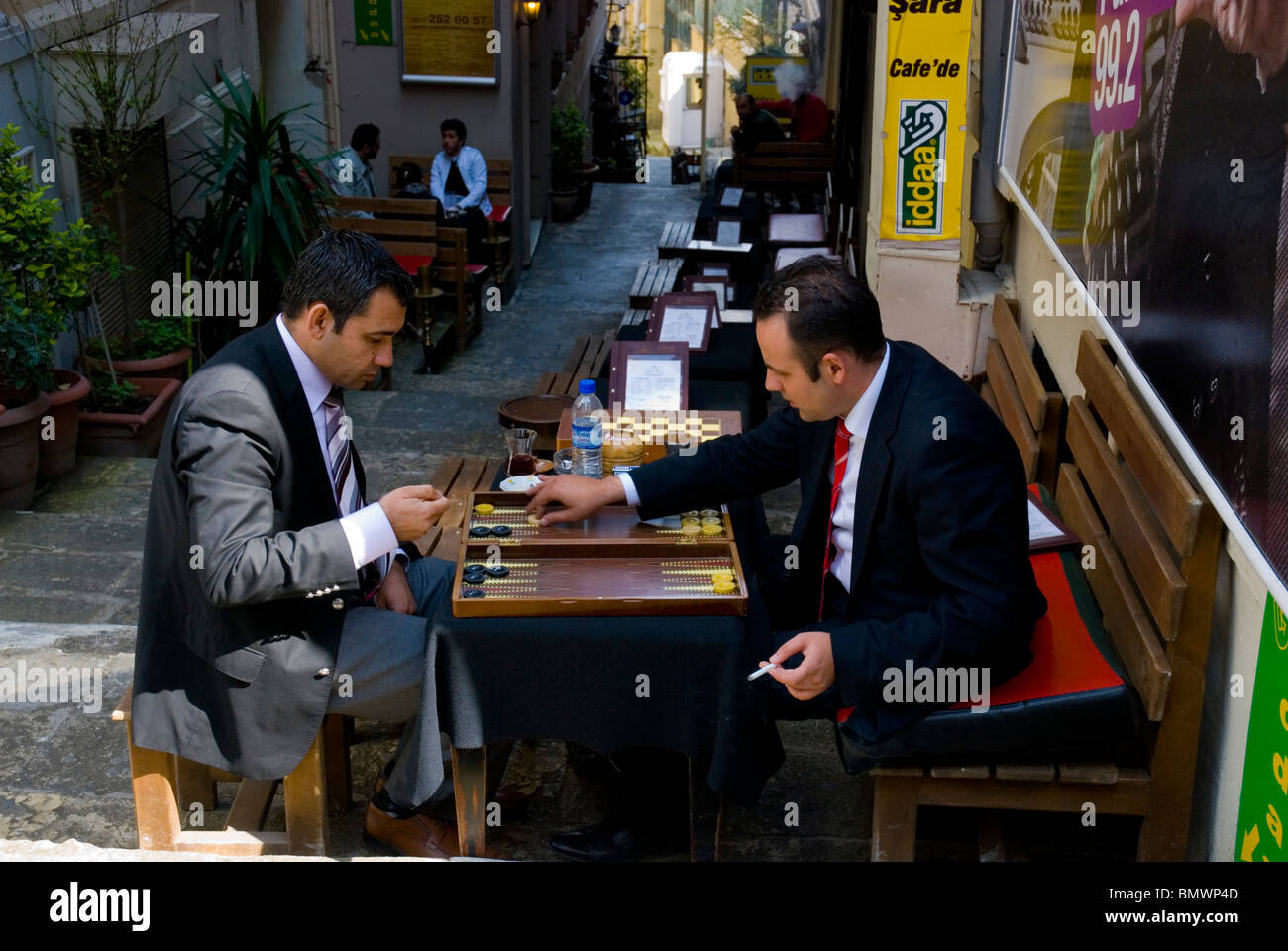 Two men playing backgammon in a cafe Beyoglu central Istanbul Turkey ...