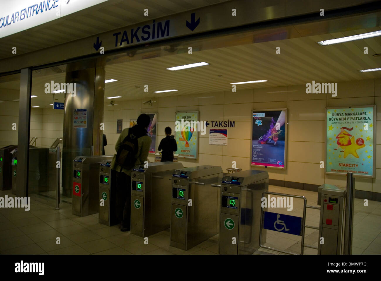 People getting onto funicular station platform Kabatas Istanbul Turkey ...