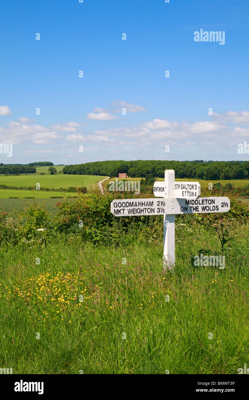 Traditional white signpost in the Yorkshire Wolds near Market Weighton ...