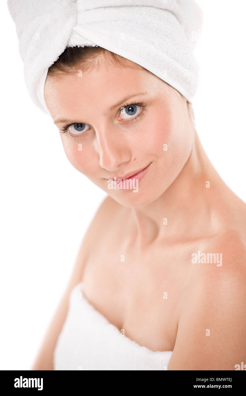 Body care - beautiful woman with towel on white background Stock Photo ...