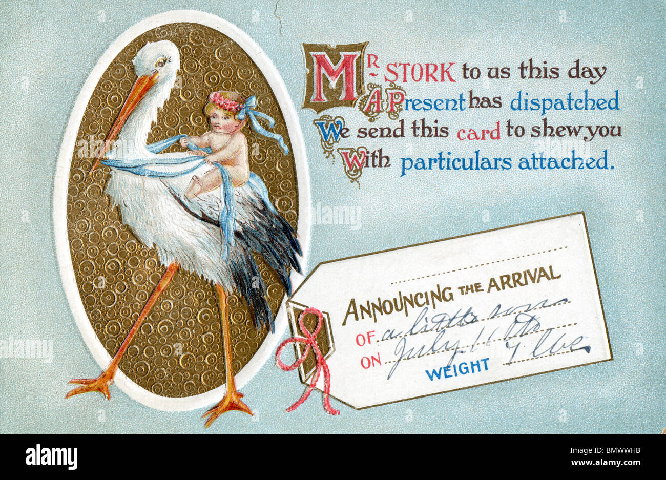 New Arrival Card - Baby on a Stork Stock Photo - Alamy