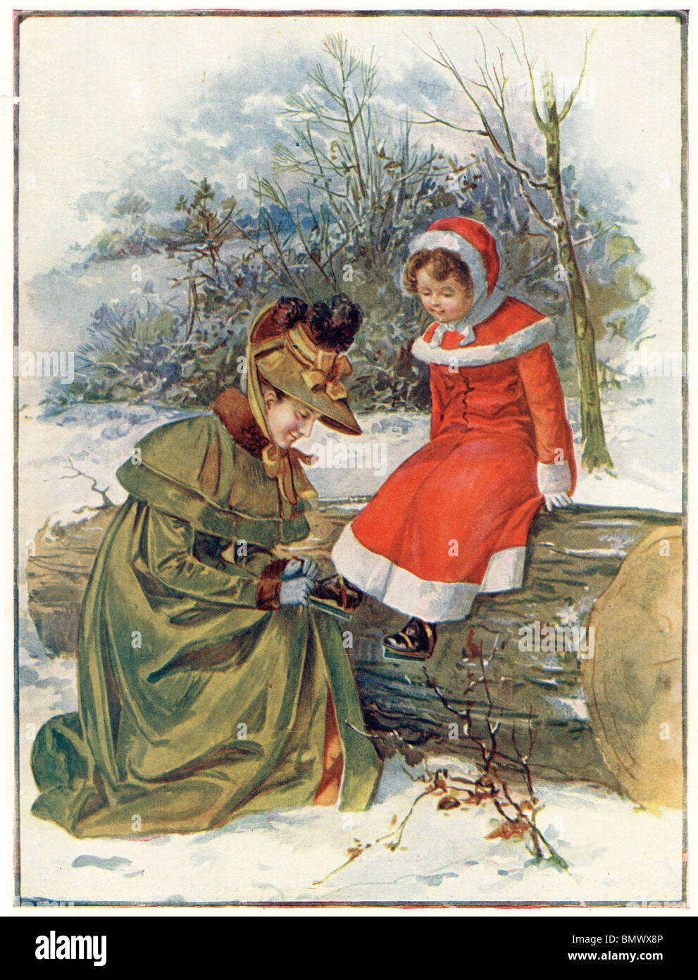 Mother putting shoes on her Daughter in the snow Stock Photo - Alamy