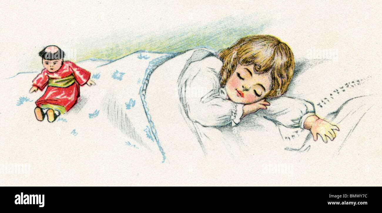 Play Dolly - Yong Girl Sleeping on her Pillow with a Chinese Doll Stock ...