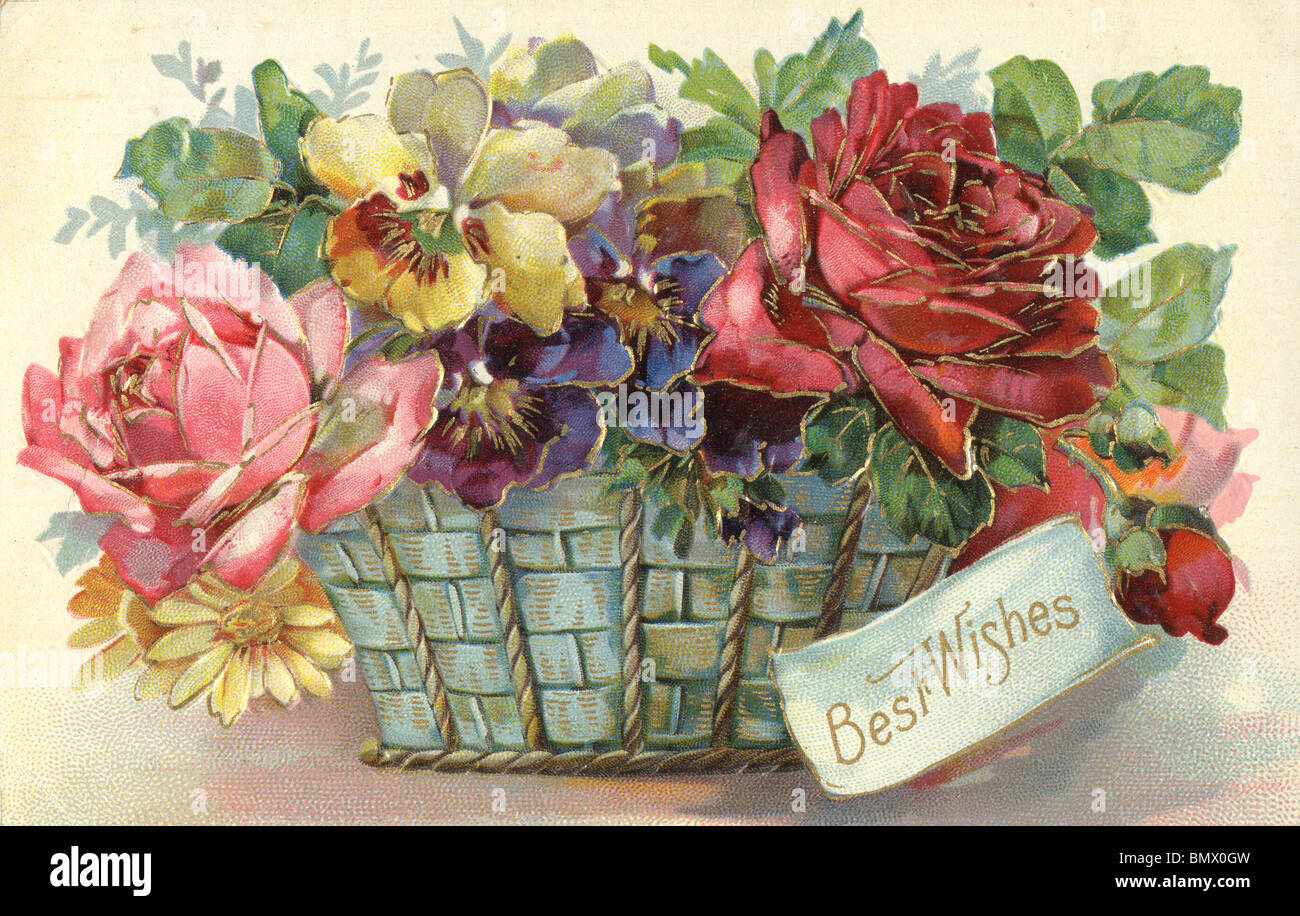 Birthday Card with Wicker Bakset full of Roses and Pansies Stock Photo ...
