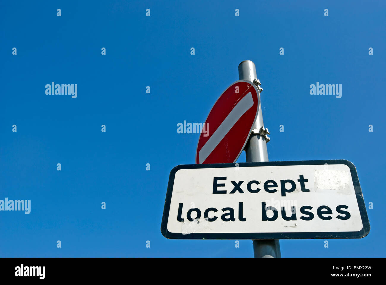 british road sign indicating no entry except for local buses Stock ...