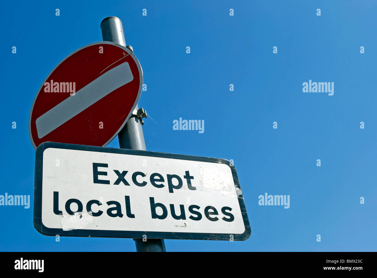 british road sign indicating no entry except for local buses Stock ...
