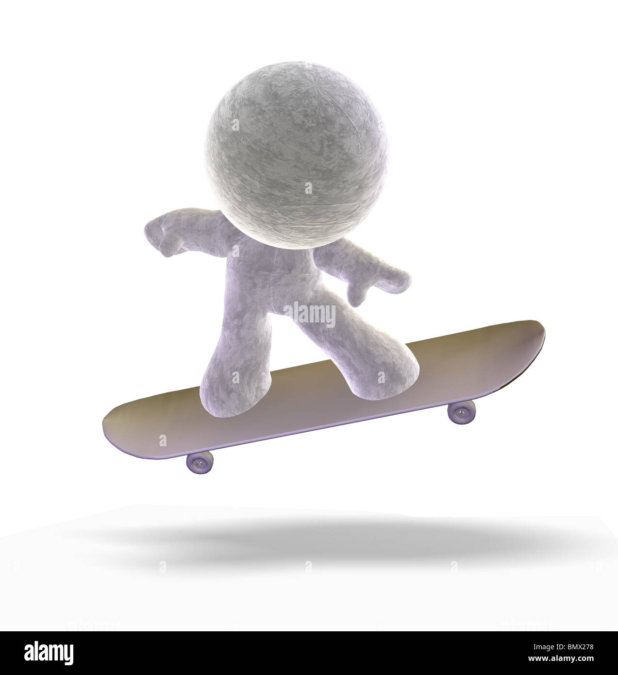 Abstract 3D cartoon of a little toy man skateboarding on white ...