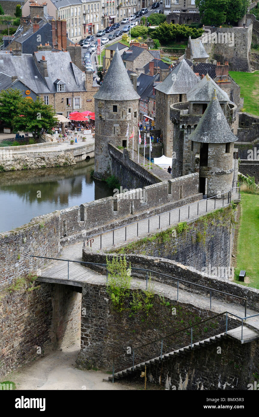 Looking down onto the Medieval ramparts of Fougeres Castle in Brittany ...