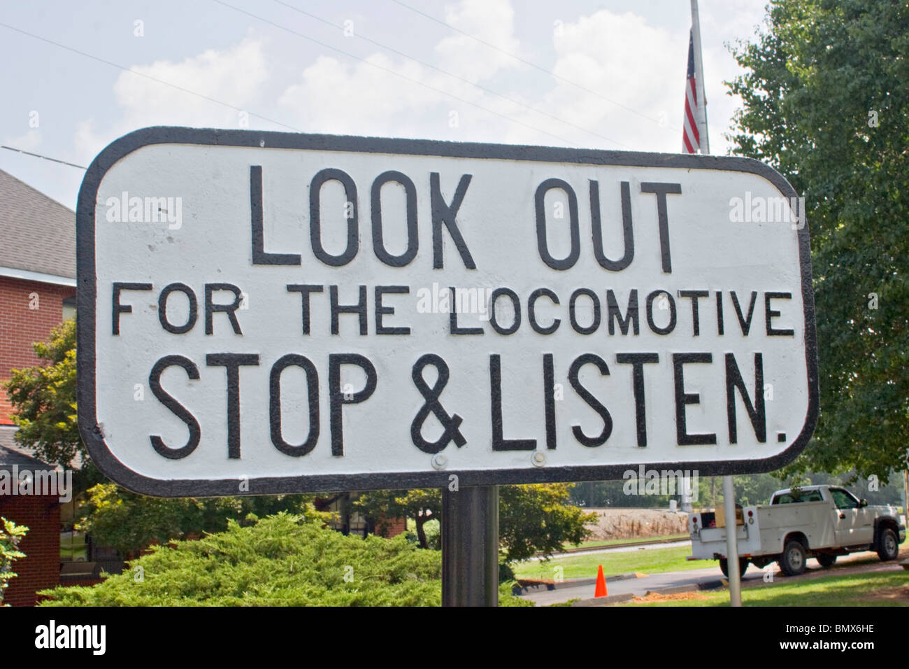 Railroad Warning Sign to stop look out and listen Stock Photo - Alamy