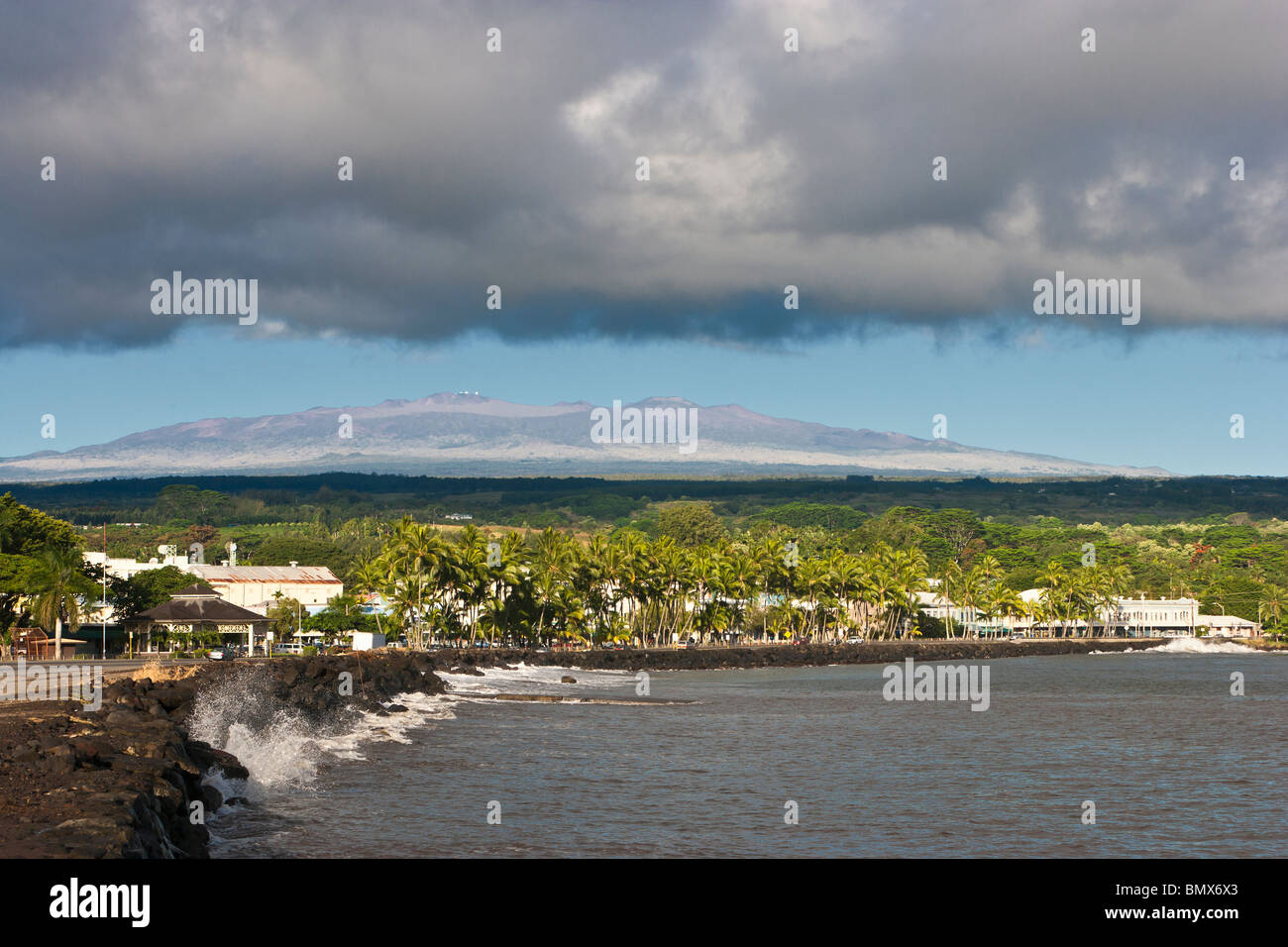 Waterfront of Hilo Bay with in city of Hilo with view to Mauna Kea ...