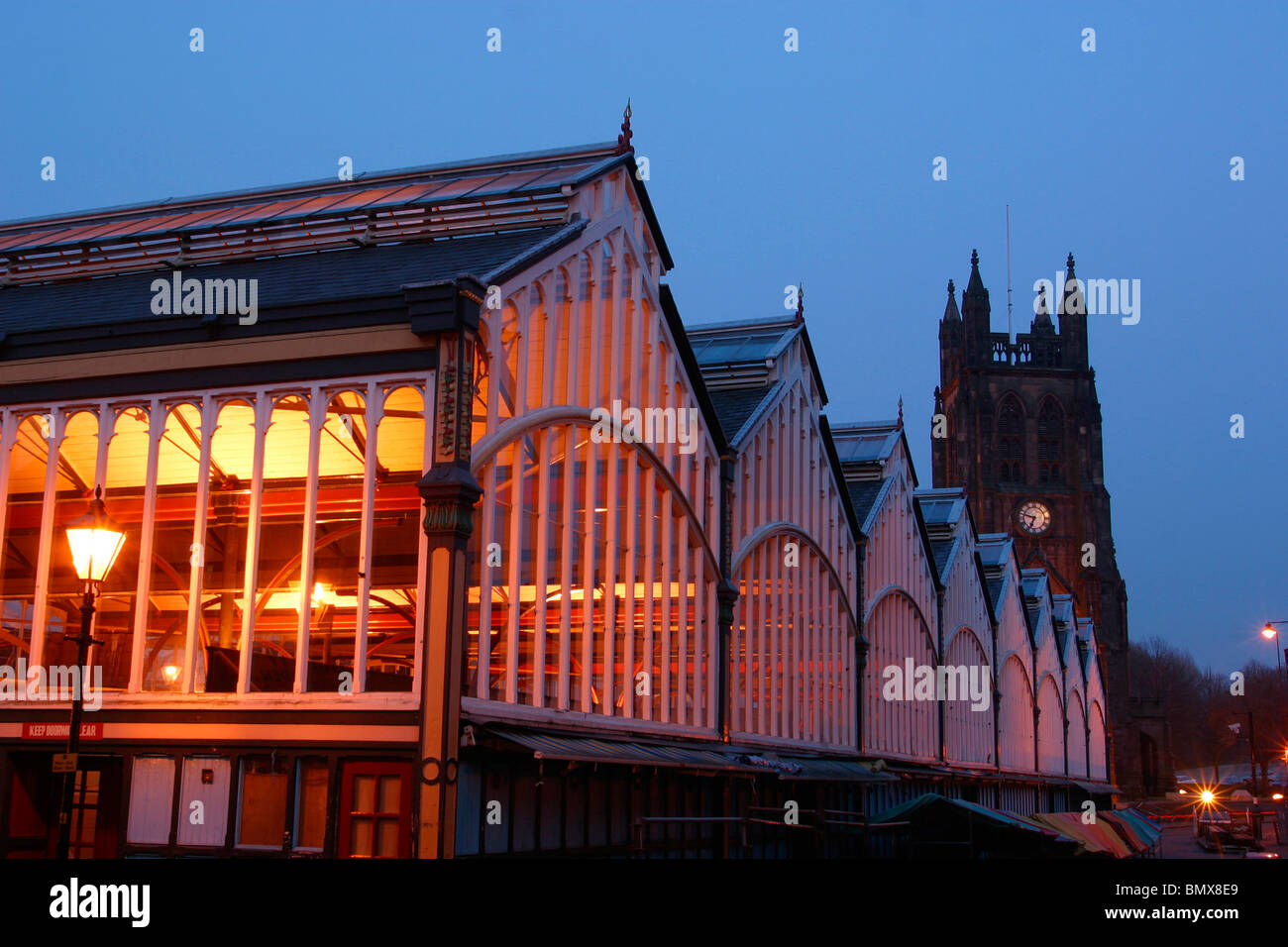 England, Cheshire, Stockport, Market Place, Victorian Market Hall, and ...