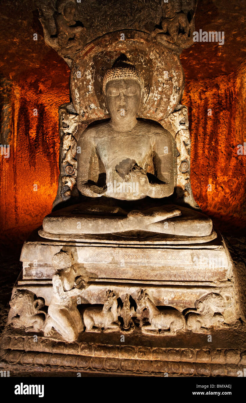 Sculpted buddha figure inside Ajanta caves, Maharashtra state, India ...