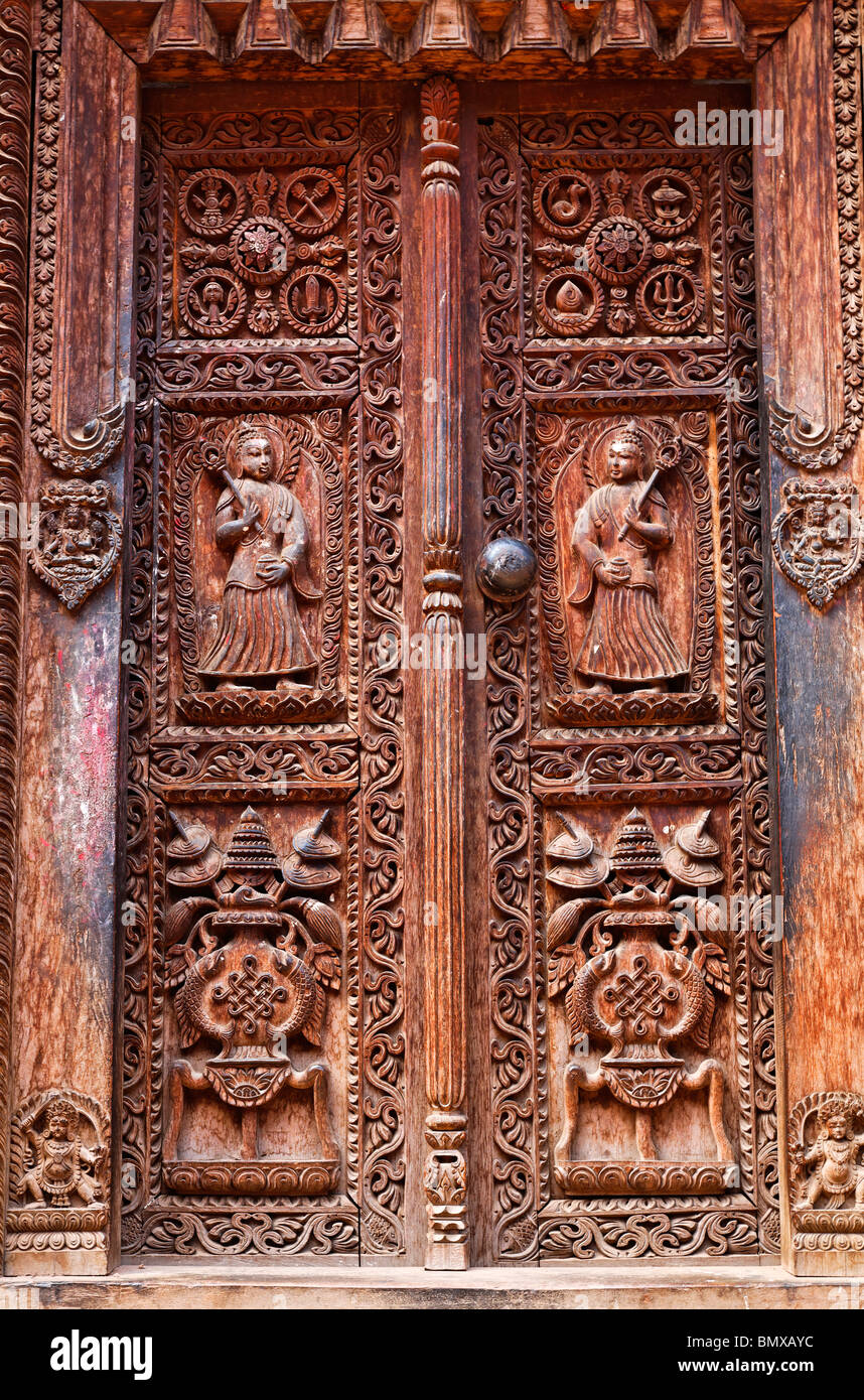 Carved wooden door, Bhaktapur, Kathmandu Valley, Nepal Stock Photo - Alamy