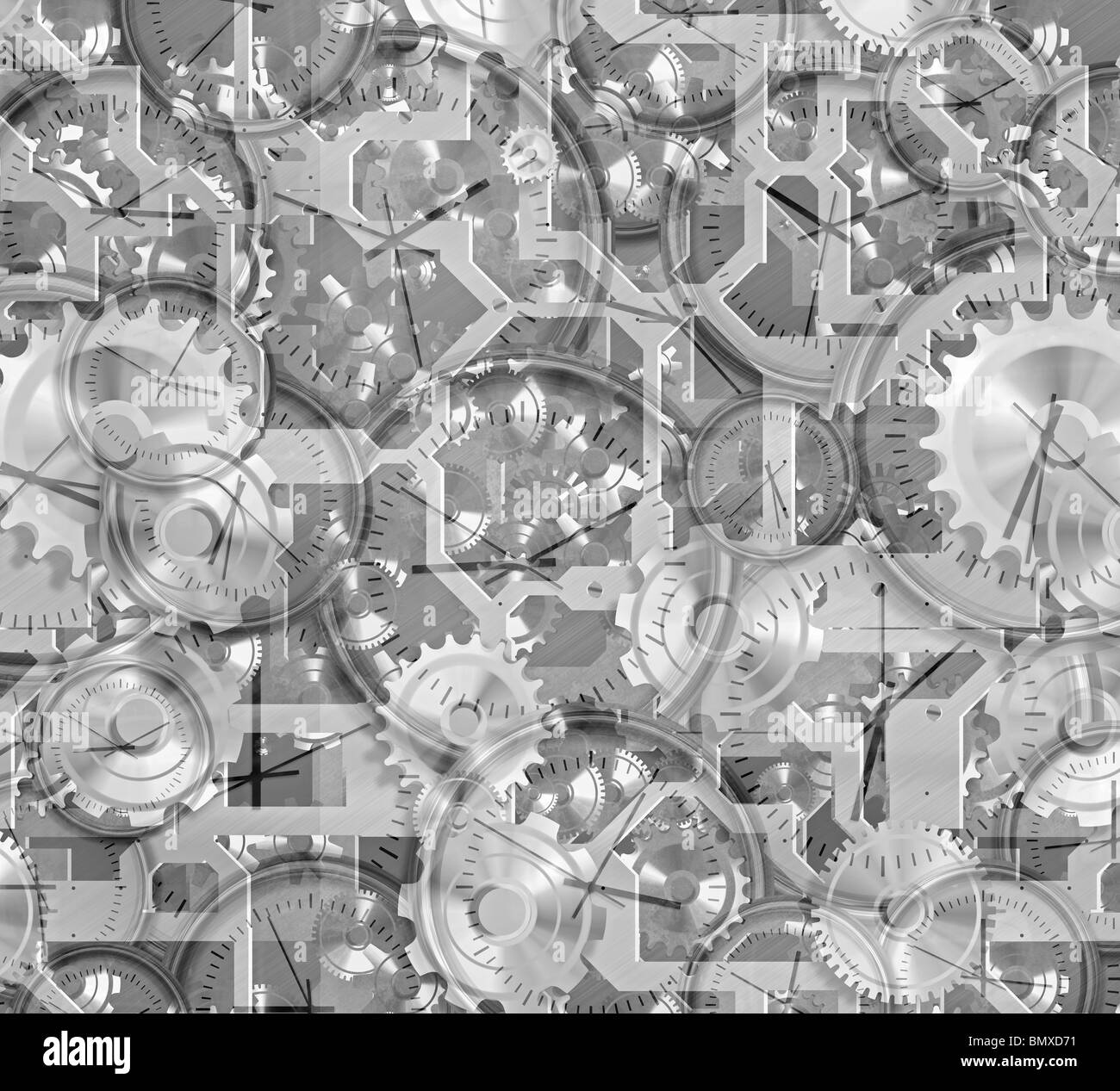 black and white illustration of clocks, clockwork, gears and cogs ...