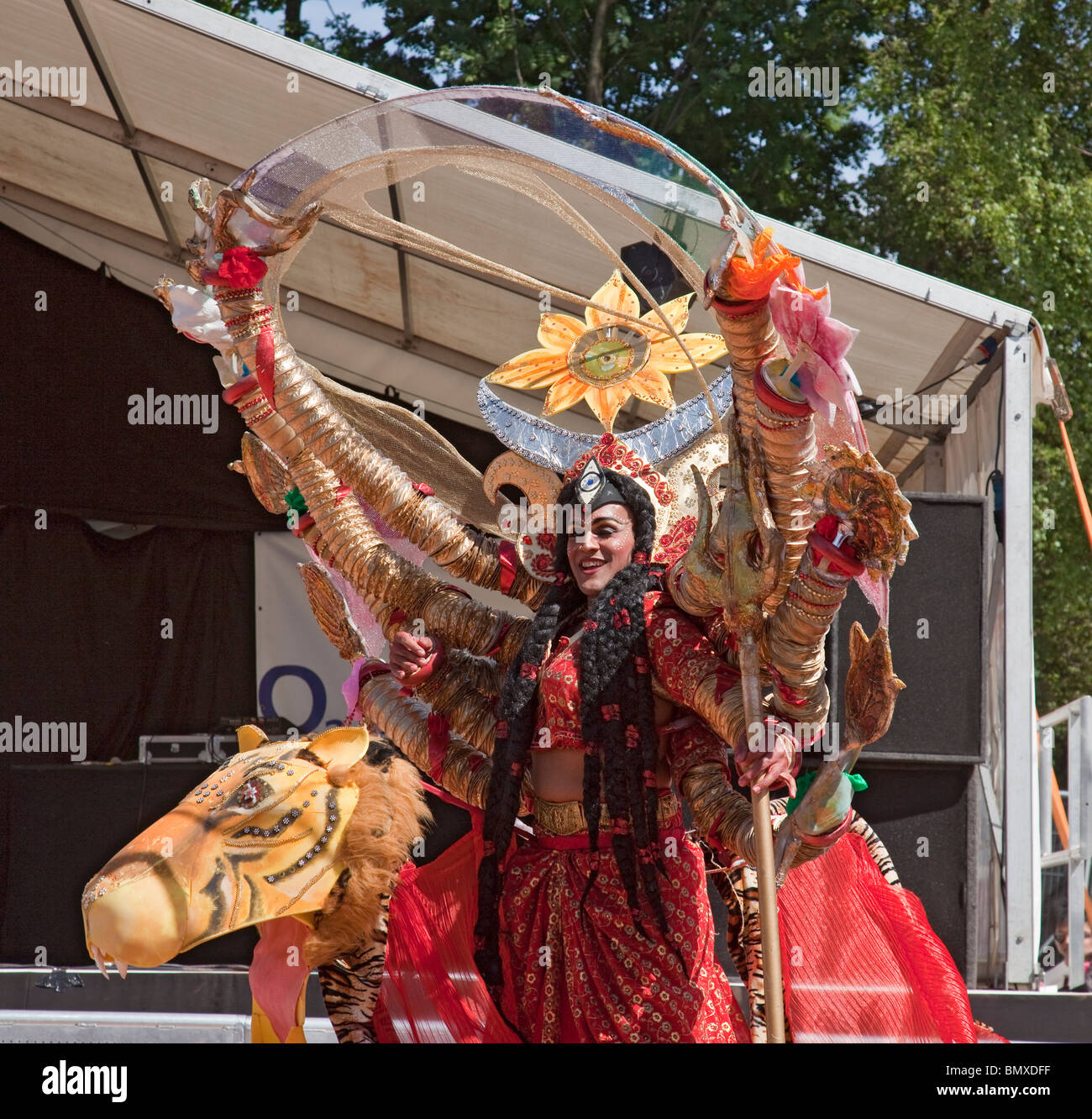 Actor portraying the Hindu goddess Durga from the FIPA troup of stilt ...