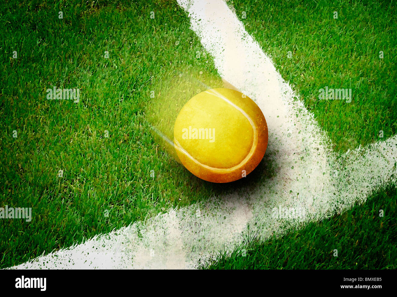 Tennis ball to corner in grass field line Stock Photo - Alamy