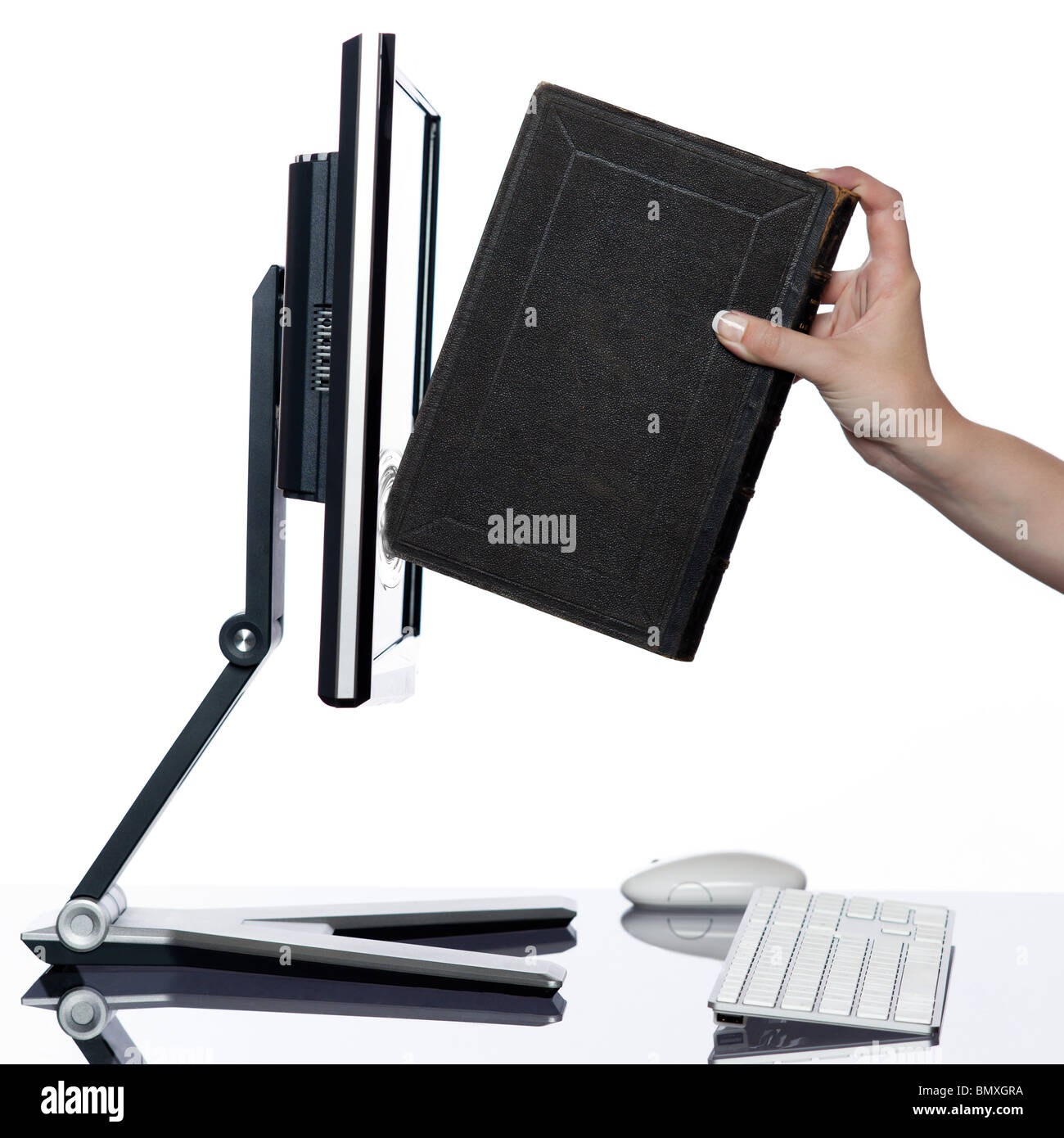 woman hand put book in computer display isolated studio on white ...