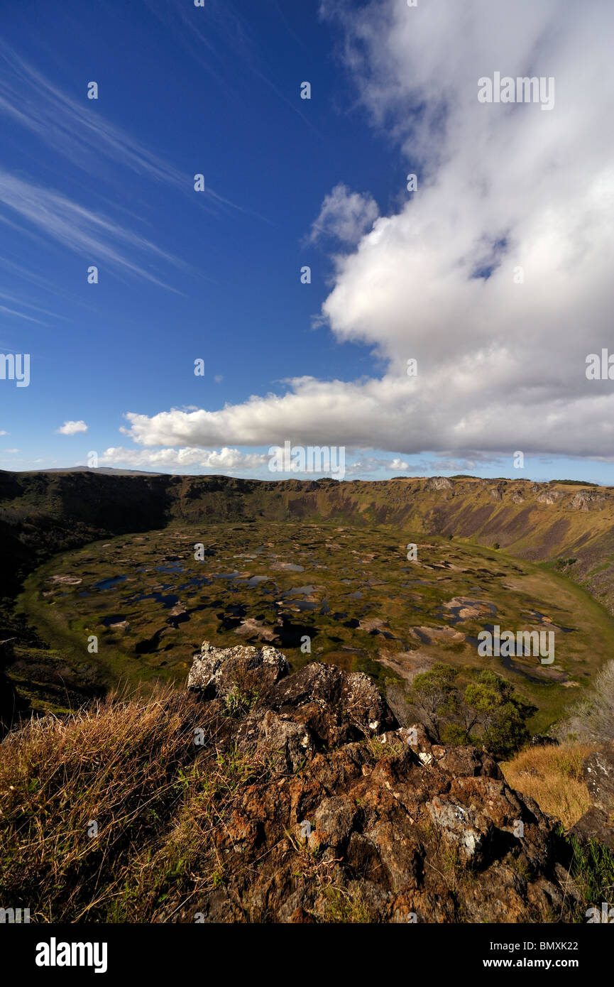 the pond filled crater of the Rano Kau volcano on Easter Island Stock ...
