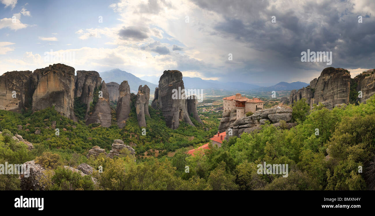 Greece, Thessaly, Meteora, Panoramic view of Meteora and Holy Monastery ...