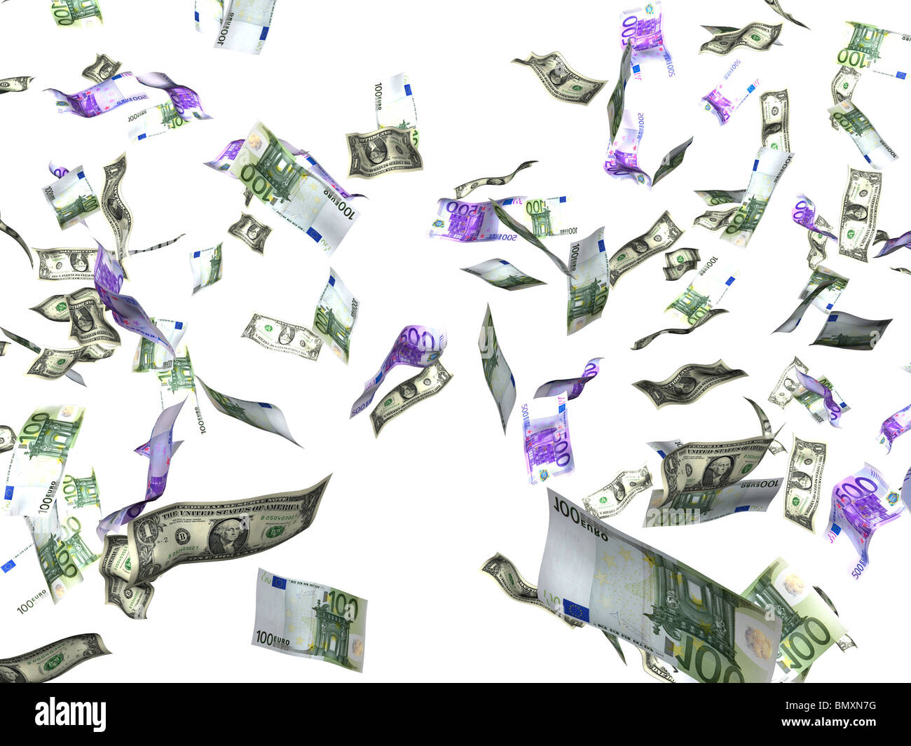 Isolated euro and dollar bank notes falling down on white background ...