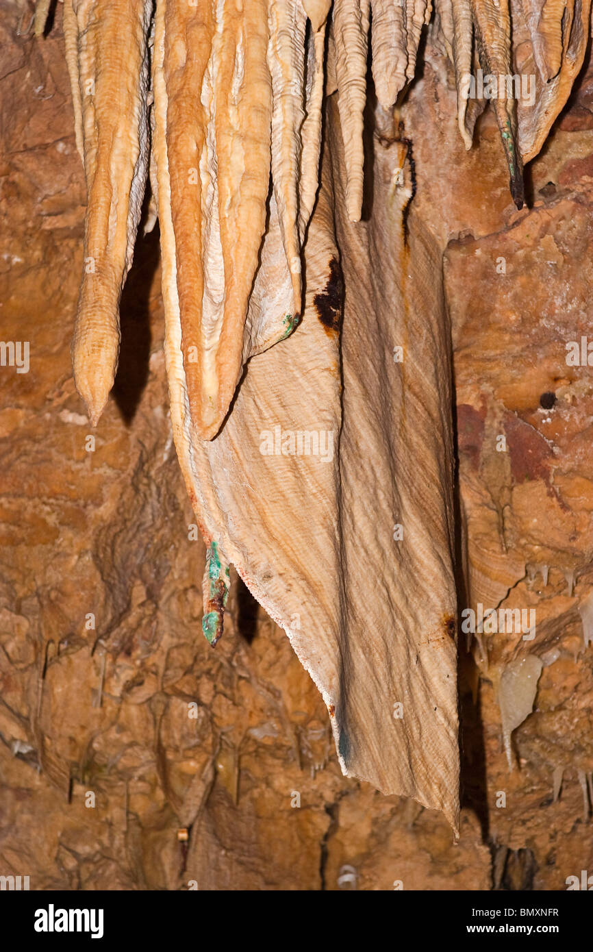 Variety of speleothem called drapery or 'cave bacon' at Ngilgi Cave, a ...