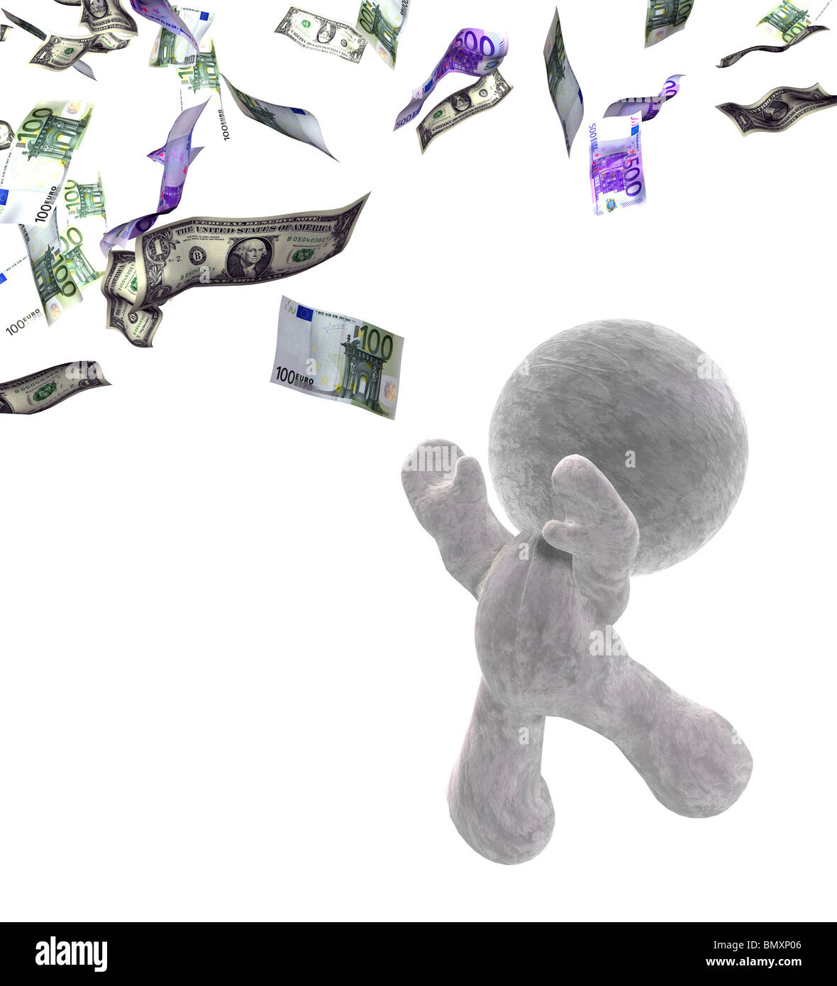Little toy man trying to catch money illustration on white background ...