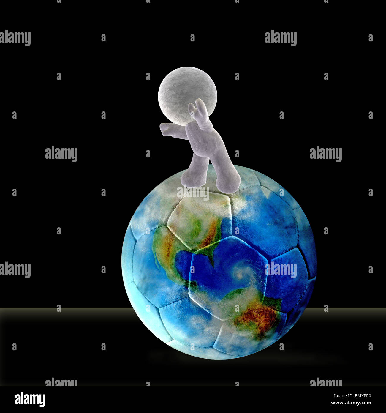 Cartoon soft man rolling a soccer ball forward into the future ...