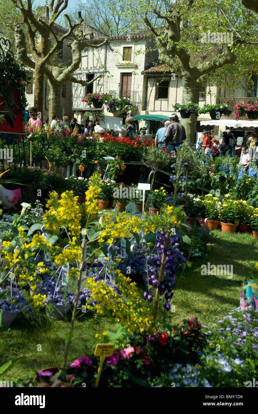 The annual Spring flower market in Fourcès, a circular bastide, once a ...