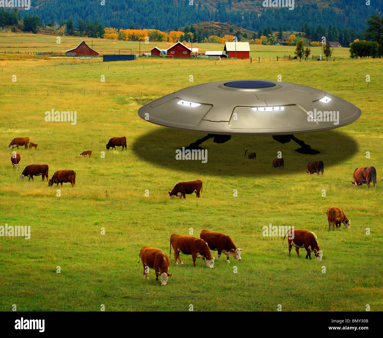 Aliens under landed flying saucer abducting cattle Stock Photo - Alamy