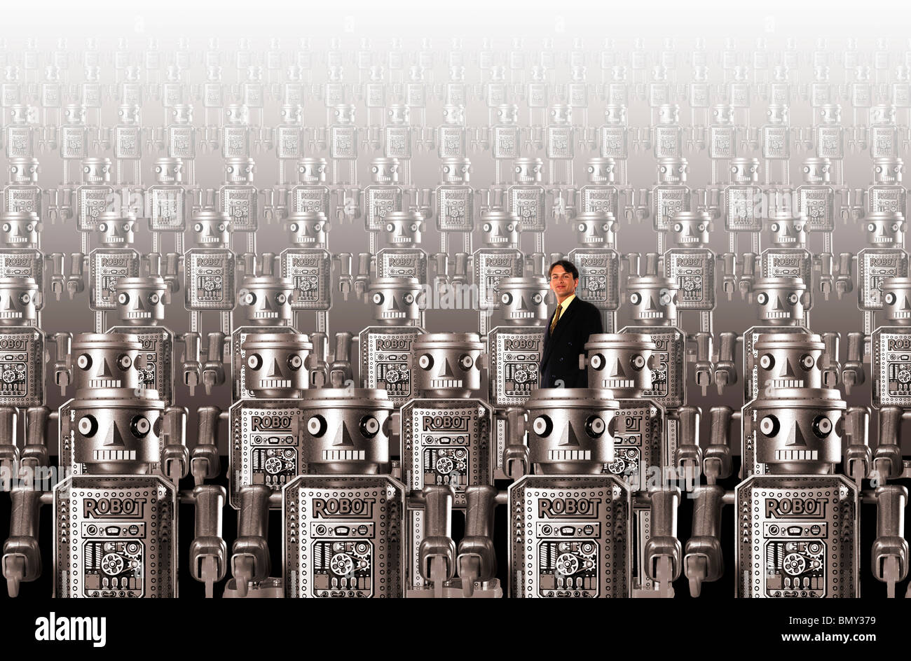 Human businessman among conformist corporate robots Stock Photo - Alamy