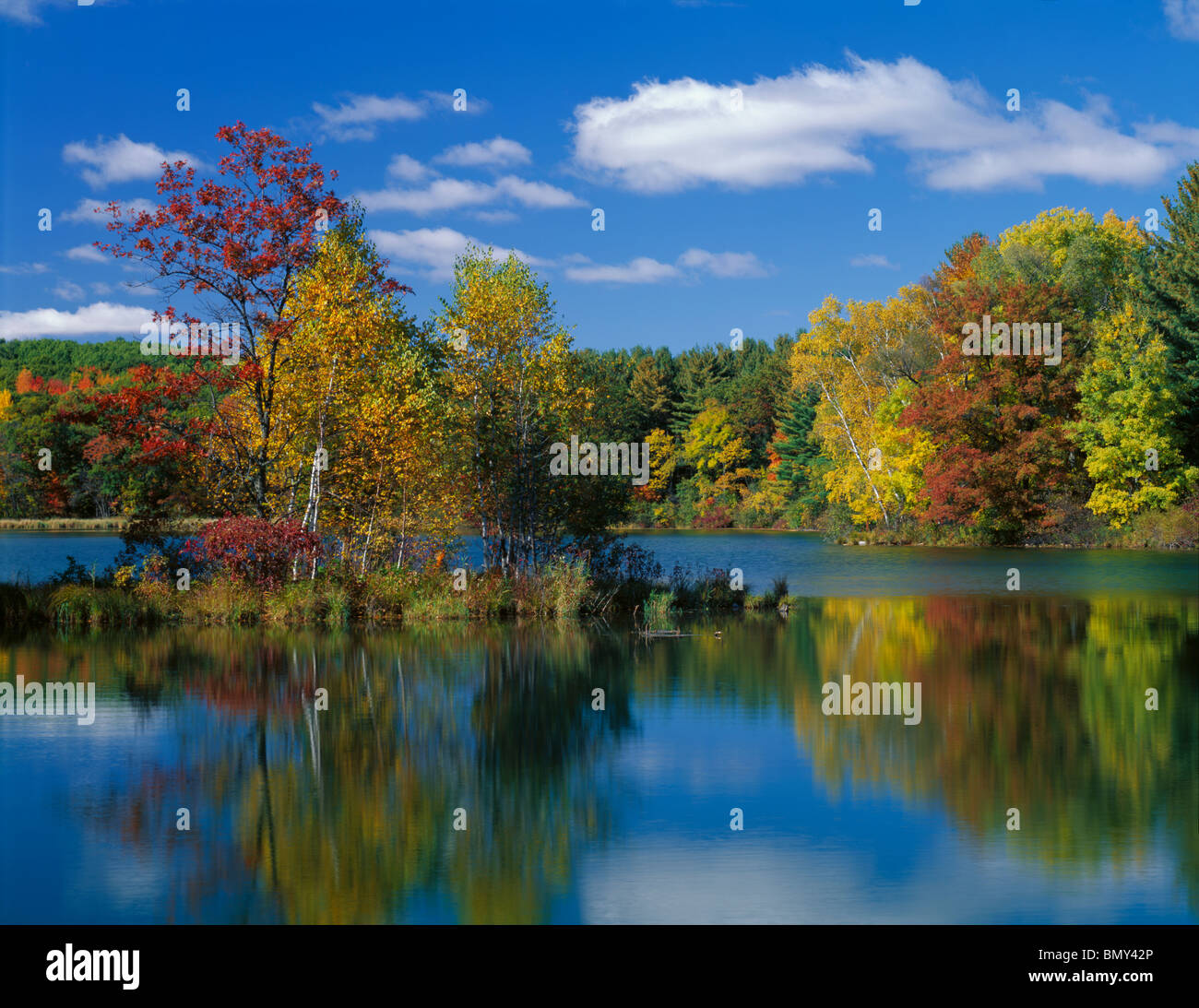 Hartman Creek State Park, WI Allen Lake reflecting blue sky and colors ...