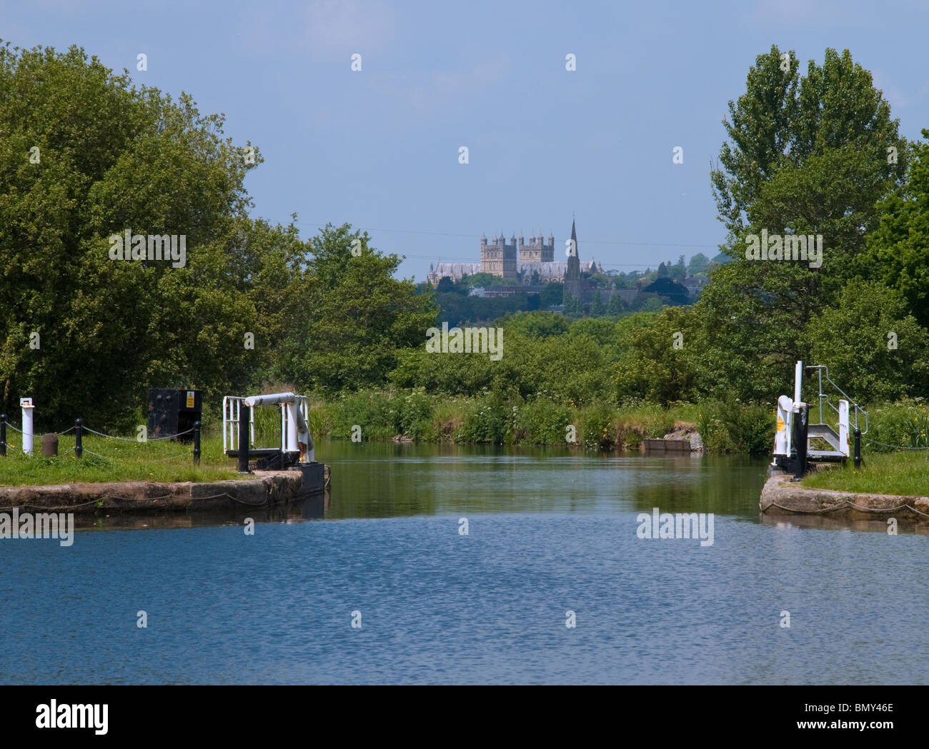 view from double locks along the exeter canal to exeter cathedral Stock ...
